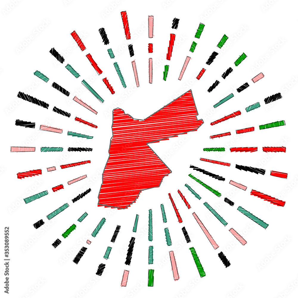 Sketch map of Jordan. Sunburst around the country in flag colors. Hand ...