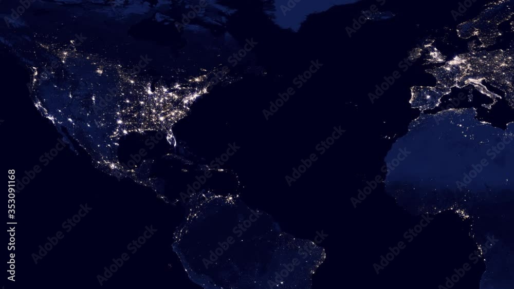 Earth map at night showing city lights. Focus on USA. Global ...