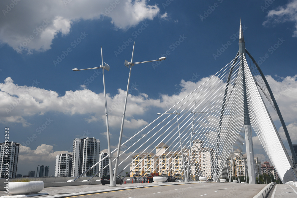 Futuristic asymmetric cable-stayed Seri Wawasan Bridge, Putrajaya city ...