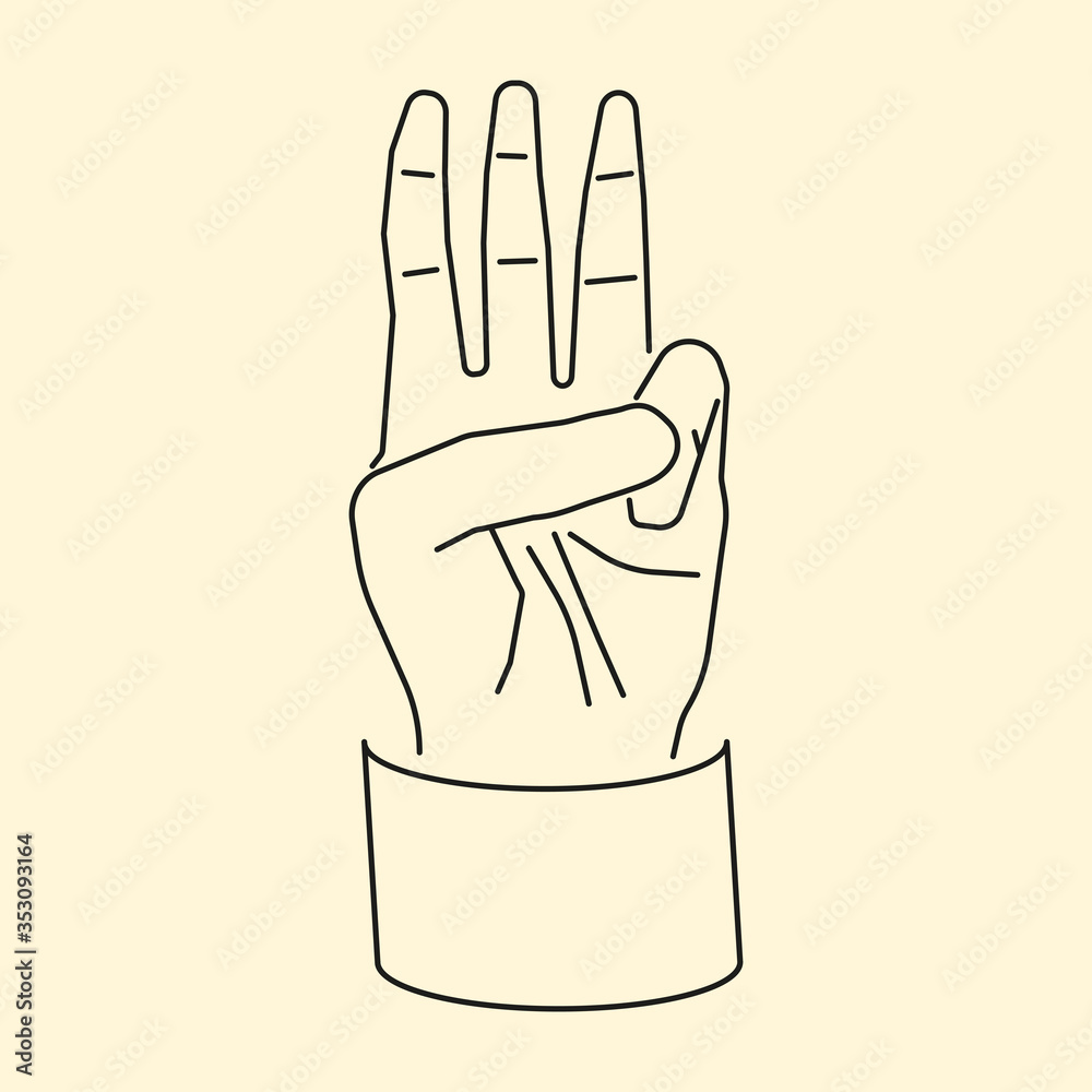 Cartoon hand showing three fingers up flat icon. Number three vector ...