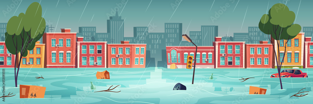 Flood in town, river, water stream on city street. Natural disaster ...
