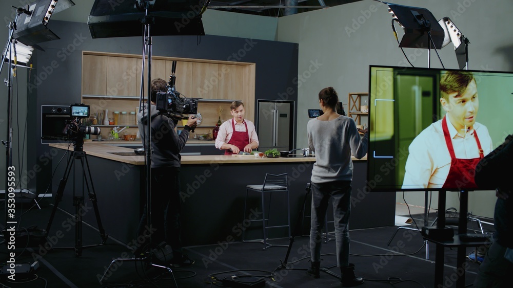 WIDE Behind the scenes of studio set, shooting TV television cooking ...