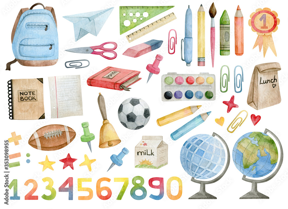Watercolor set with school and office supplies and tools. Backpack ...
