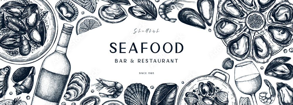 Vetor do Stock: Seafood and wine banner design. Shellfish frame with ...