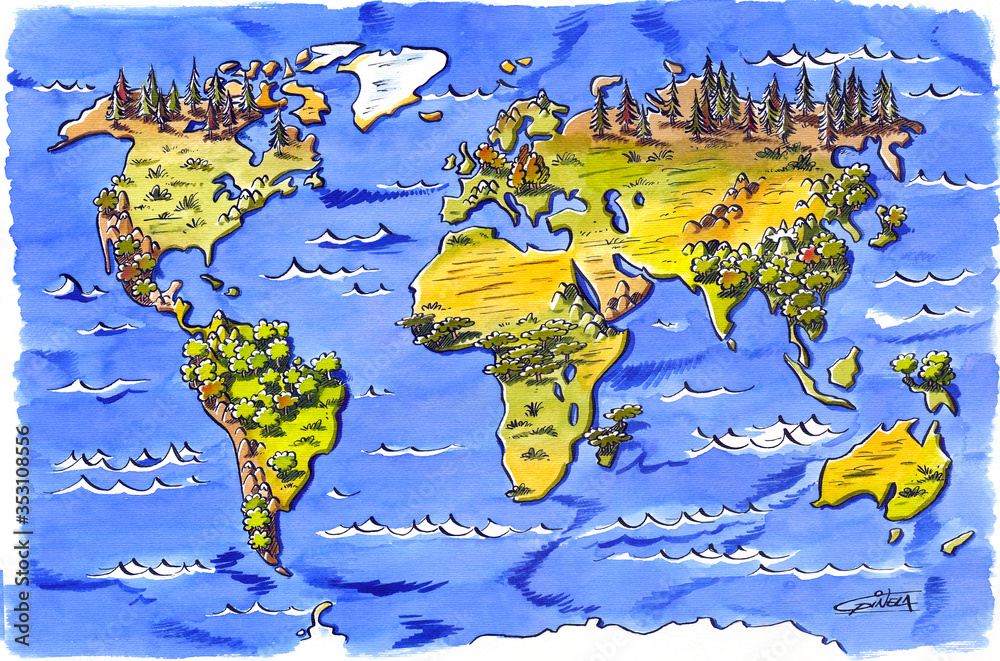 world map, geographical, with relief continents and areas of vegetation ...