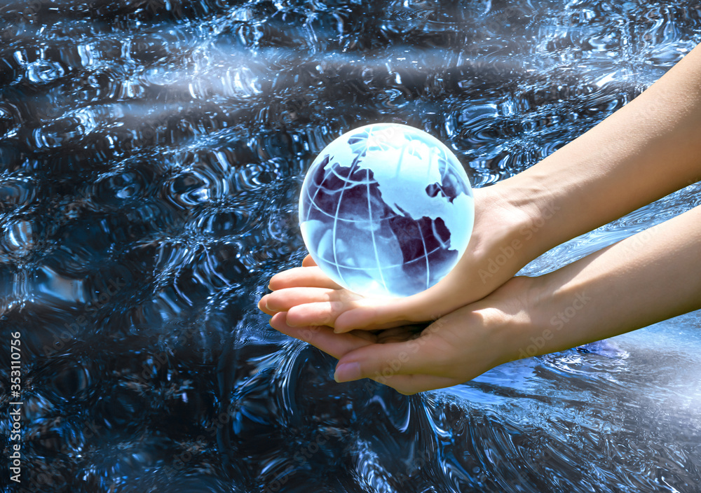 Card for World Oceans Day or Water Day. Blue planet crystal glass globe ...