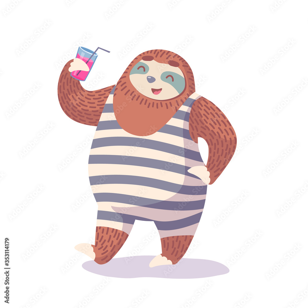 cute hand drawn cartoon vector sloth in bathing suit with coctail ...