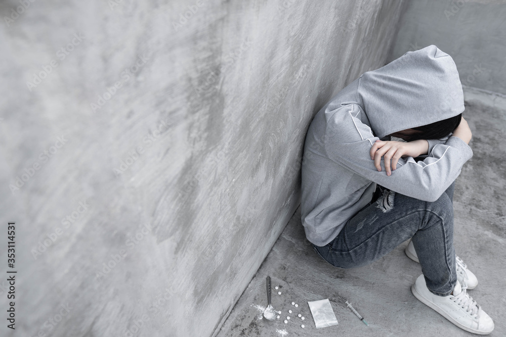 Drugs addiction and withdrawal symptoms concept. Depressed and hopeless ...