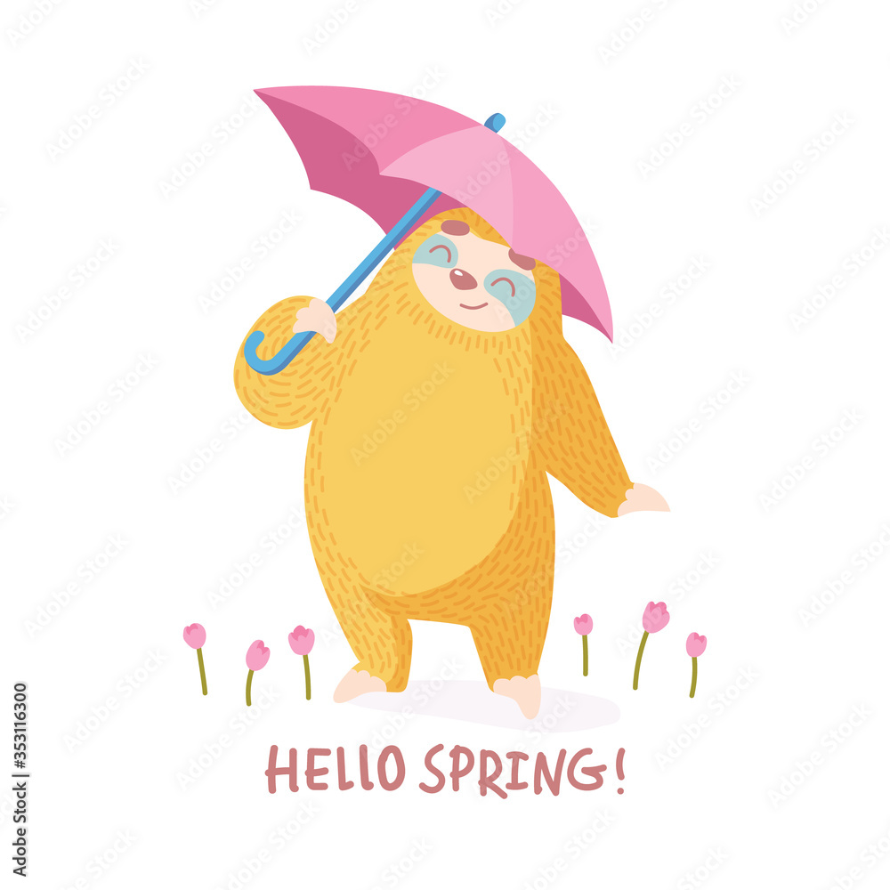 cute cartoon sloth with colorful umbrella and tulips around vector ...