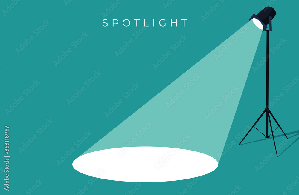 Spotlight shining flat illustration. Movie spotlight on blue background ...