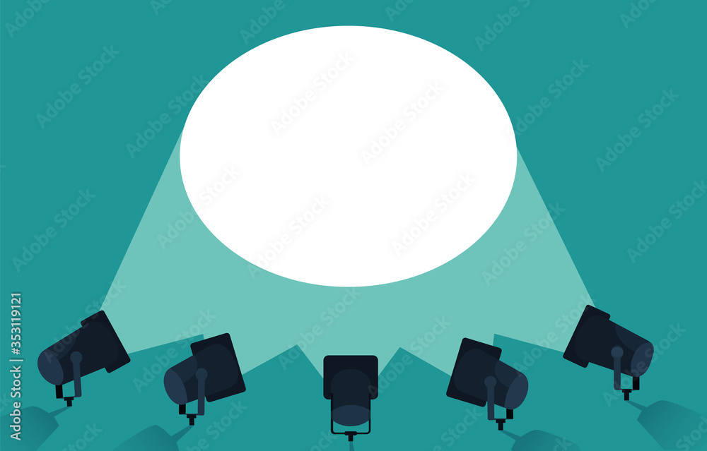 flat Spotlights with bright white light shining stage vector set. Illuminated effect form ...