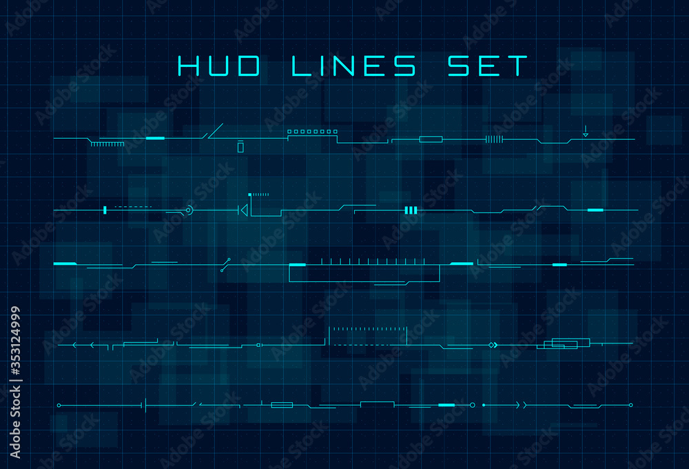 Set of HUD futuristic header, footer and line elements on dark hi tech ...