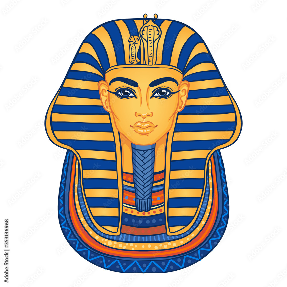 King Tutankhamun mask, ancient Egyptian pharaoh. Hand-drawn vintage ...