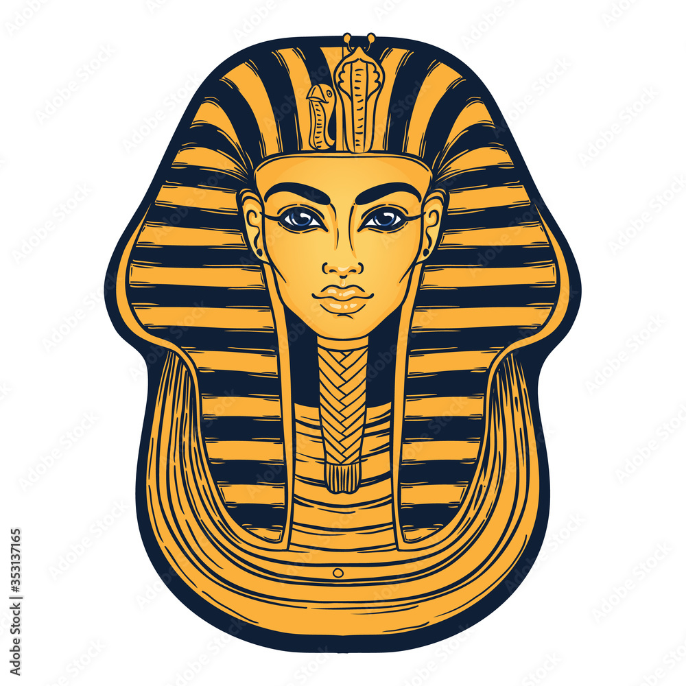 King Tutankhamun mask, ancient Egyptian pharaoh. Hand-drawn vintage ...