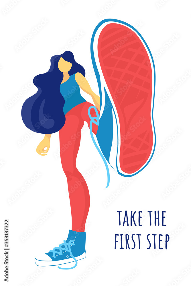 Motivational Card design concept. Take the first step. Walking feet ...