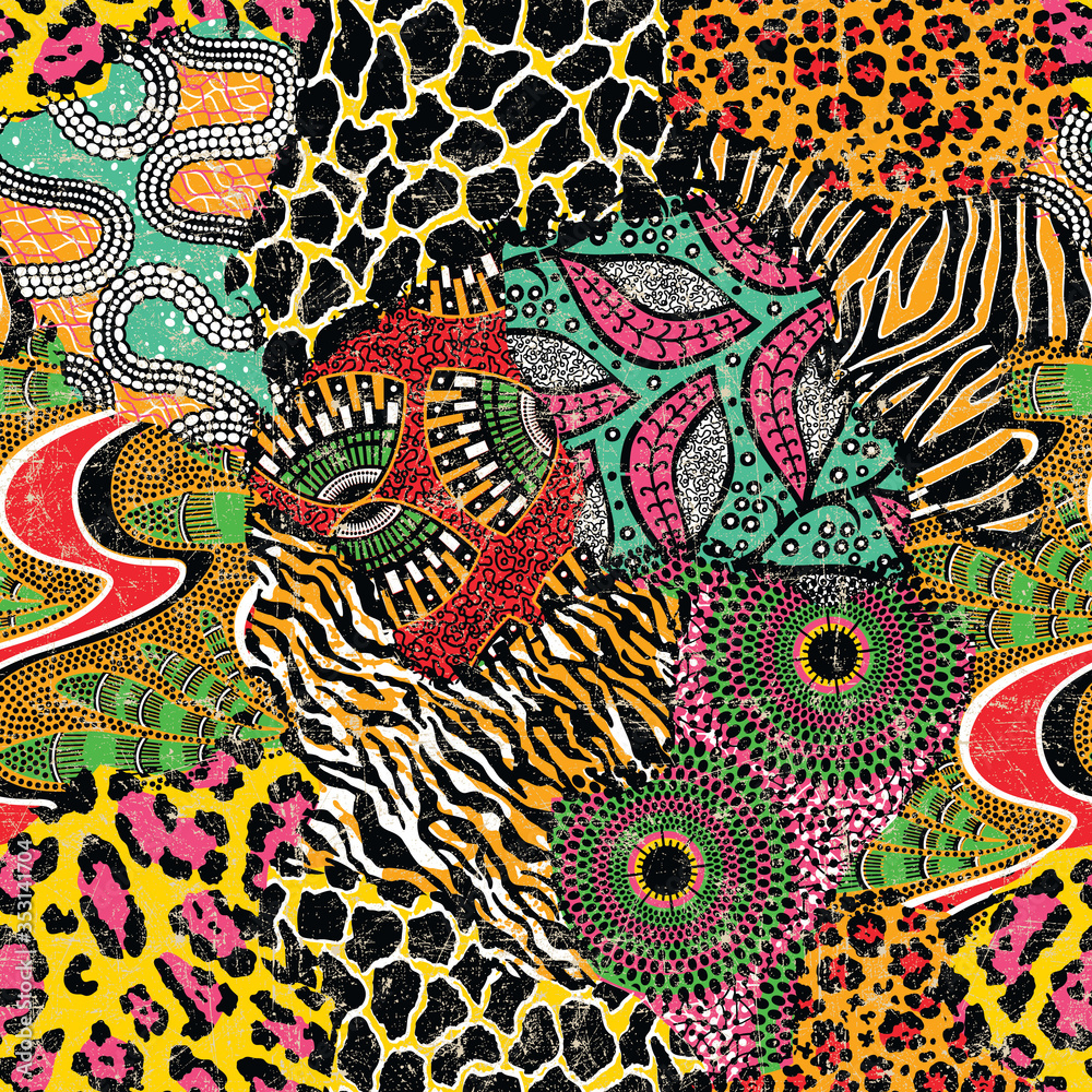 Wild animal skins and traditional african fabric patchwork wallpaper ...