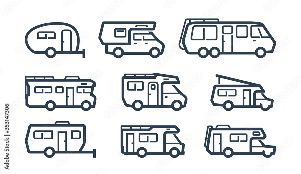 RV Cars, Recreational Vehicles, Camper Vans Icons in Outline Style ...