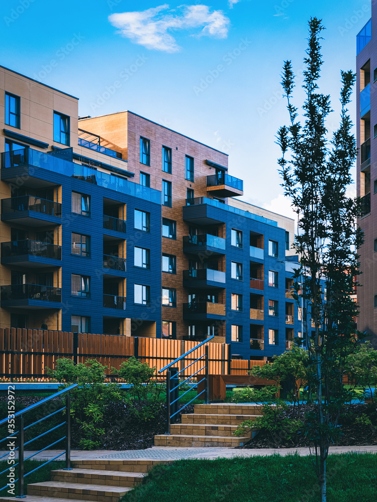 Modern residential apartment house home building complex and outdoor ...