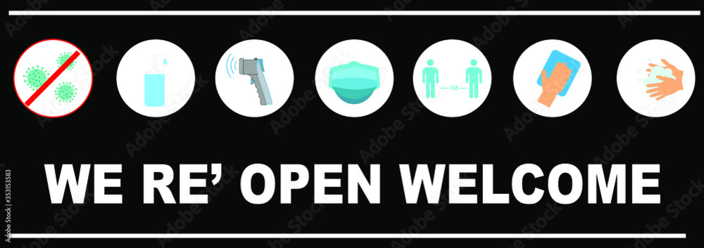 Welcome now open keep social distance and use face mask. Vector.Welcome ...