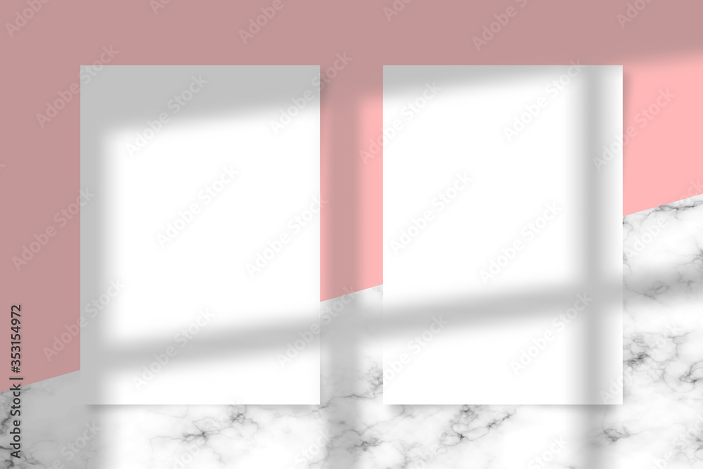 Two A4 paper sheet with transparent overlay shadow from the window and ...