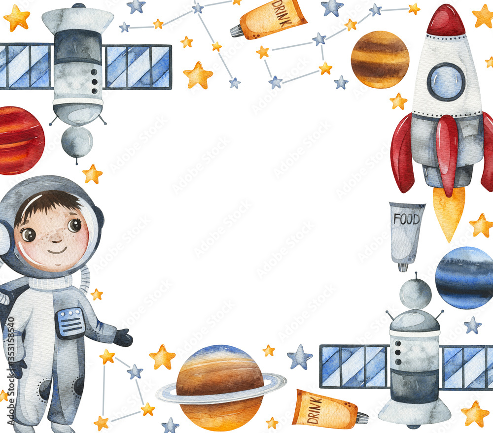 Watercolor cosmonaut frame border with cute astronaut boy, spaceship ...
