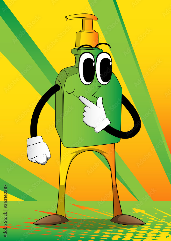 Cartoon Bottle of hand sanitizer gel holding finger front of his mouth ...