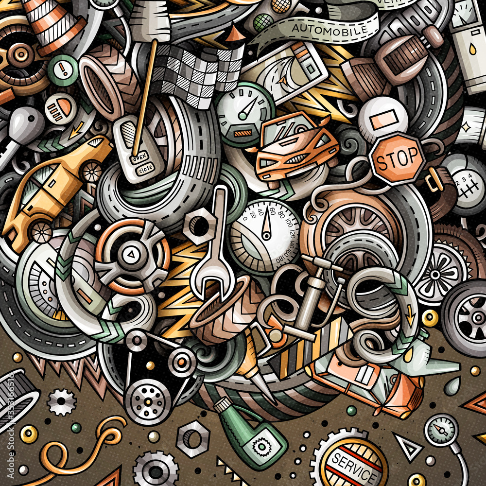 Cartoon cute doodles Vehicle frame. Border with cars symbols and items ...