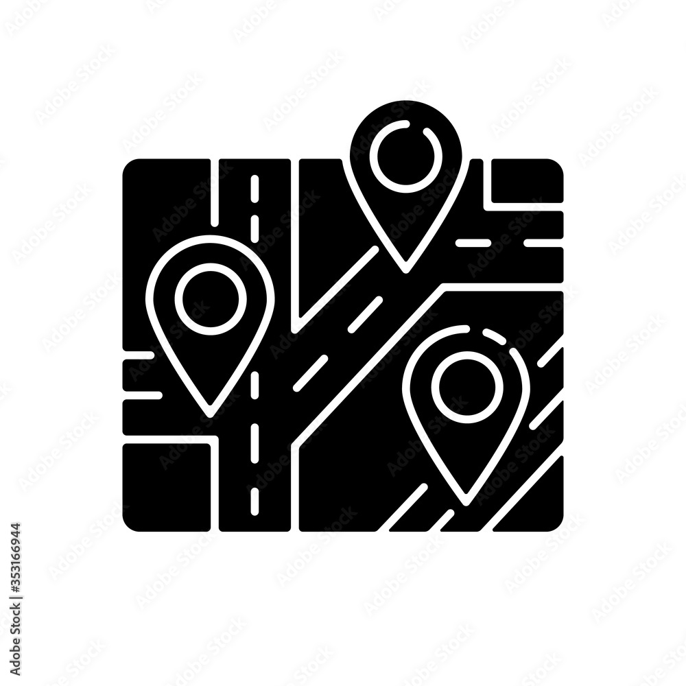 Landmark black glyph icon. Map with GPS pointers. Mark route to destination. Search for place ...