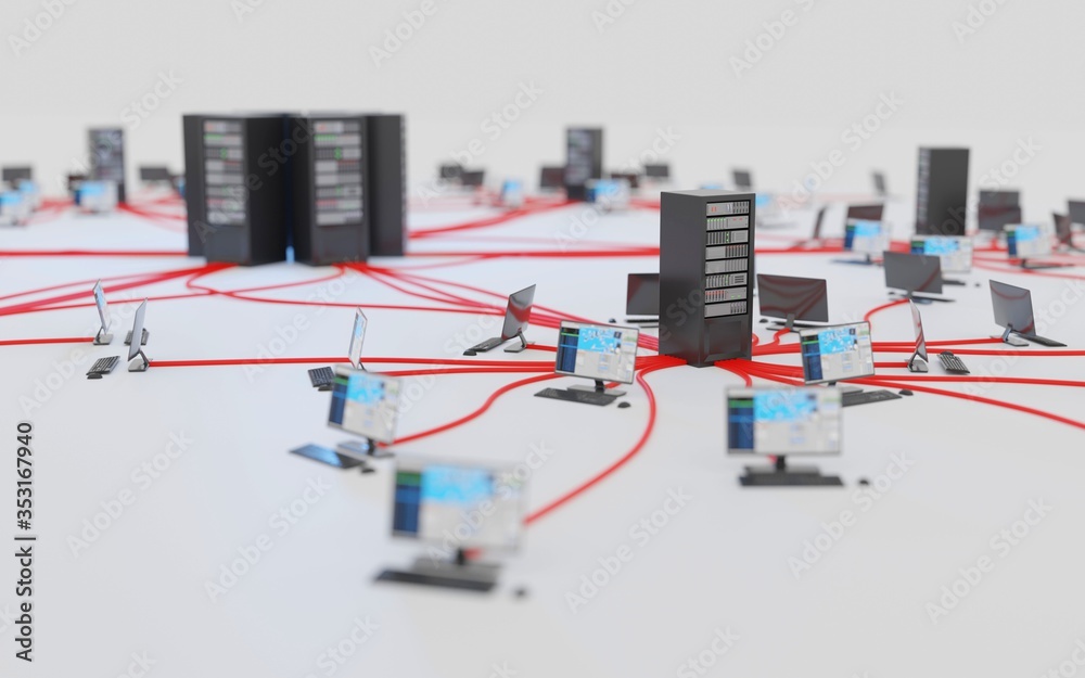 Cloud computing, network infrastructure. Computer workstations ...