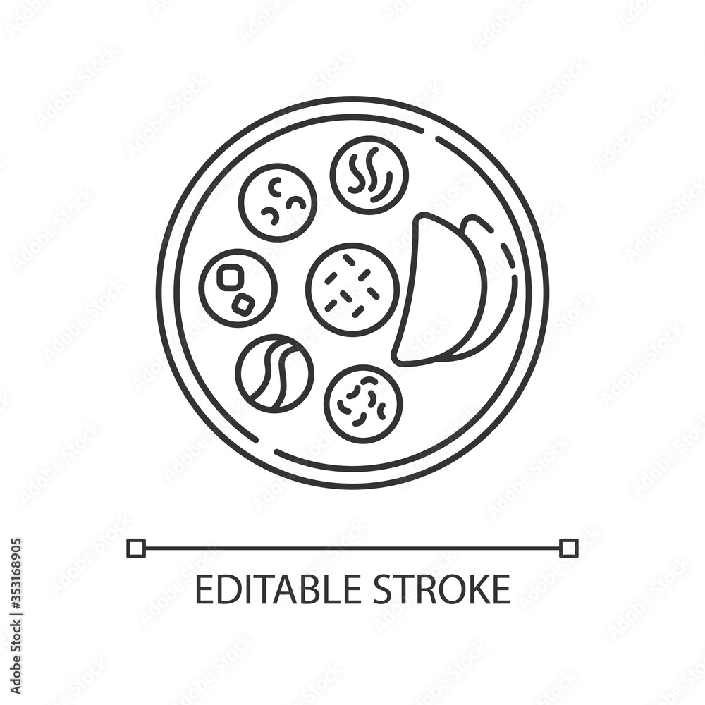 Indian thali pixel perfect linear icon. Chapati bread with sauces ...