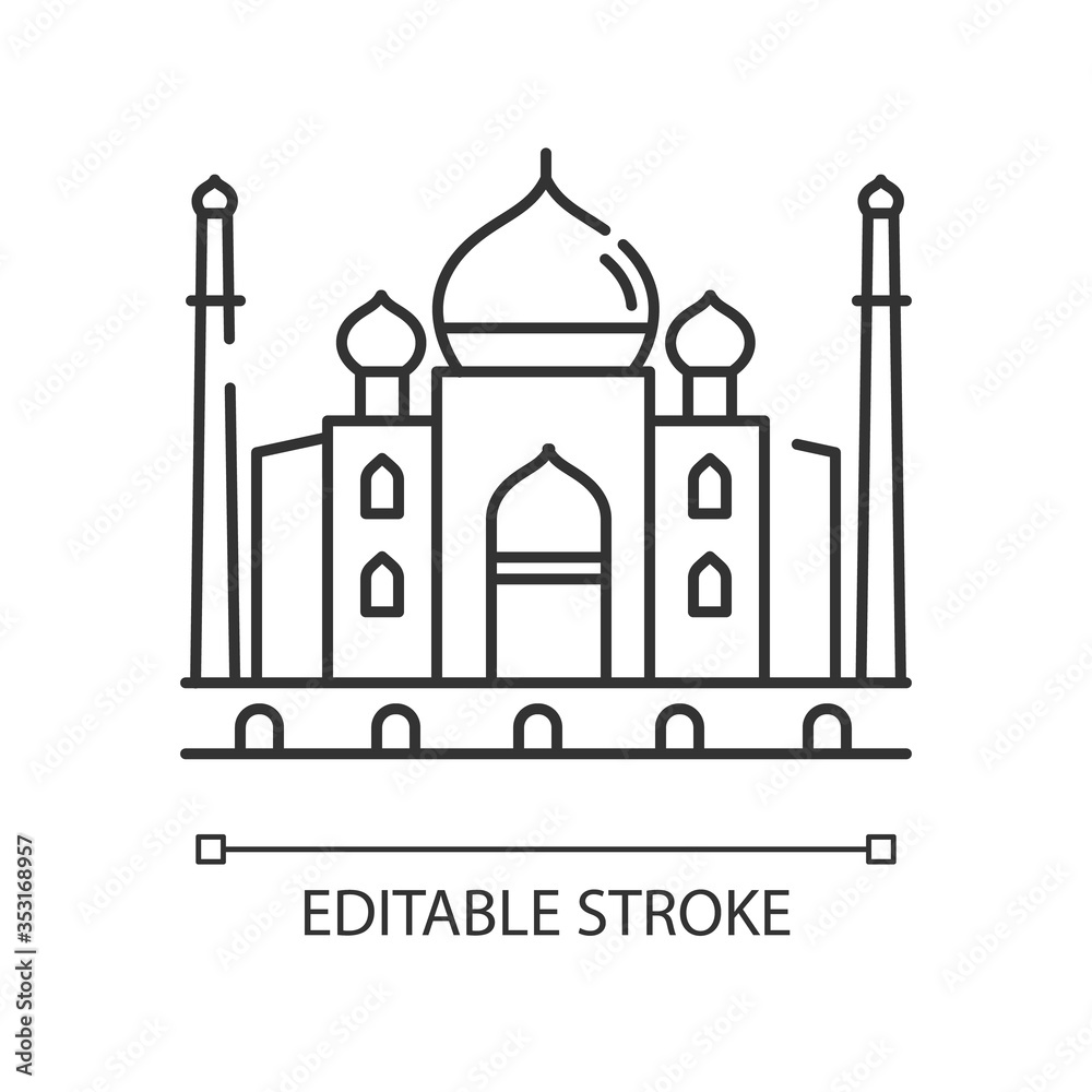 Taj Mahal pixel perfect linear icon. Marble mausoleum. Historical ...