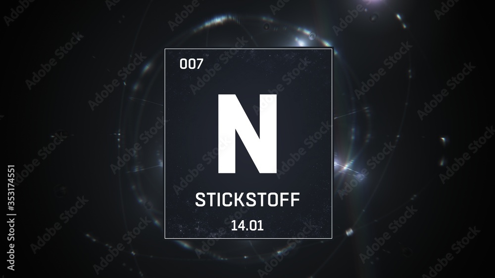 3D illustration of Nitrogen as Element 7 of the Periodic Table. Silver ...