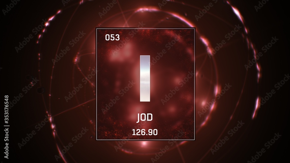 3D illustration of Iodine as Element 53 of the Periodic Table. Red ...