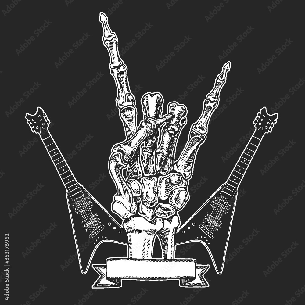 Rock heavy metal, hard rock music skeleton hand symbol. Vector icon ...