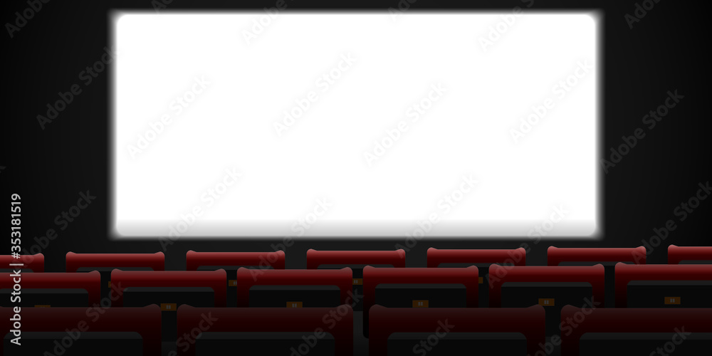 Cinema screen, lightbox in movie theater hall with seats rows. Blank ...