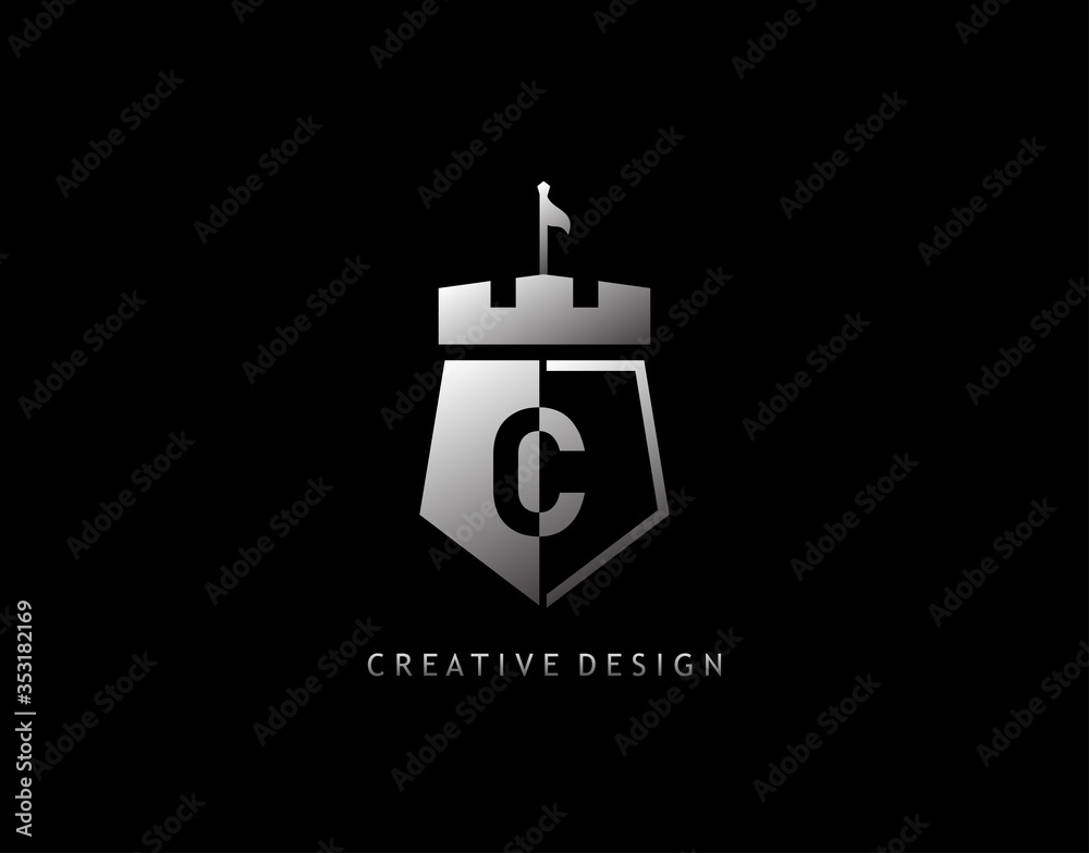 C Letter Silver Shield Icon. Negative Spave Elegant shield Shape ...