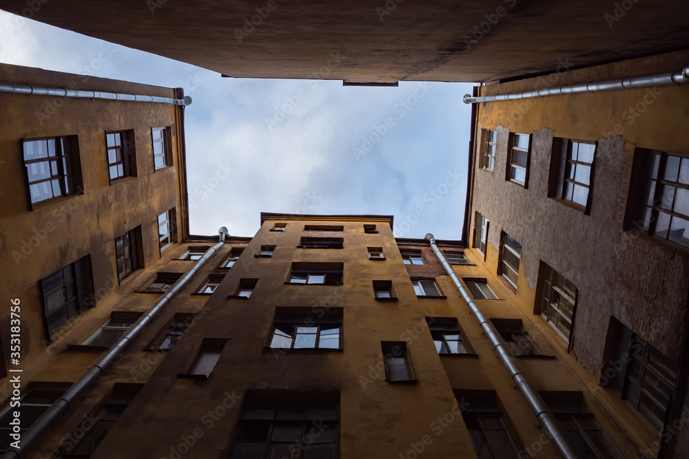 Courtyard of a residential building. Multi-storey residential building ...