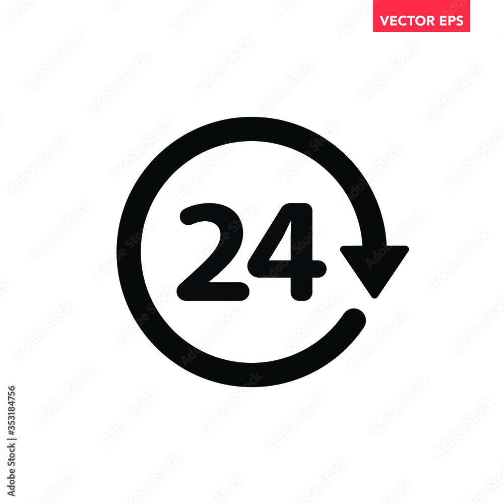 Black round up to 24 hrs customer service icon, simple 24hr helpline ...
