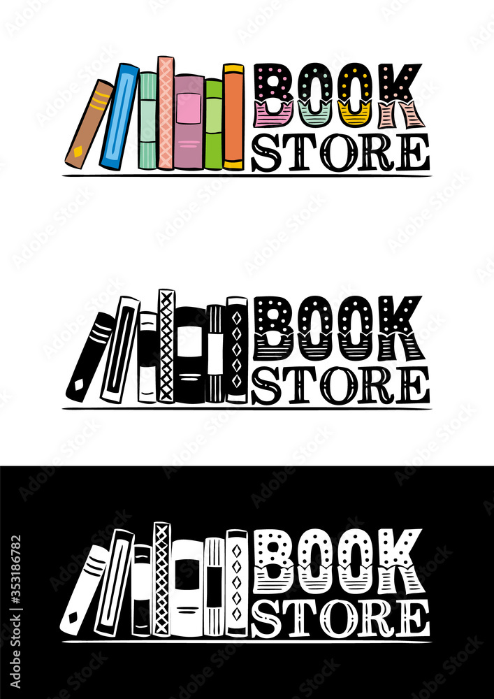 Lettering Logo for a bookstore. Hand-drawn books on a bookshelf. Emblem ...