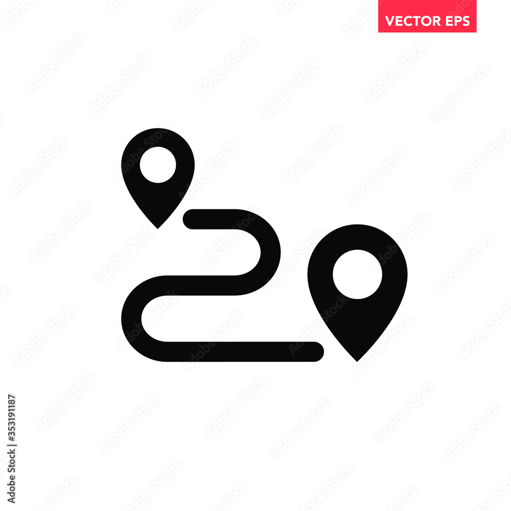 Black single route tracking icon, simple 2 pins searching flat design ...