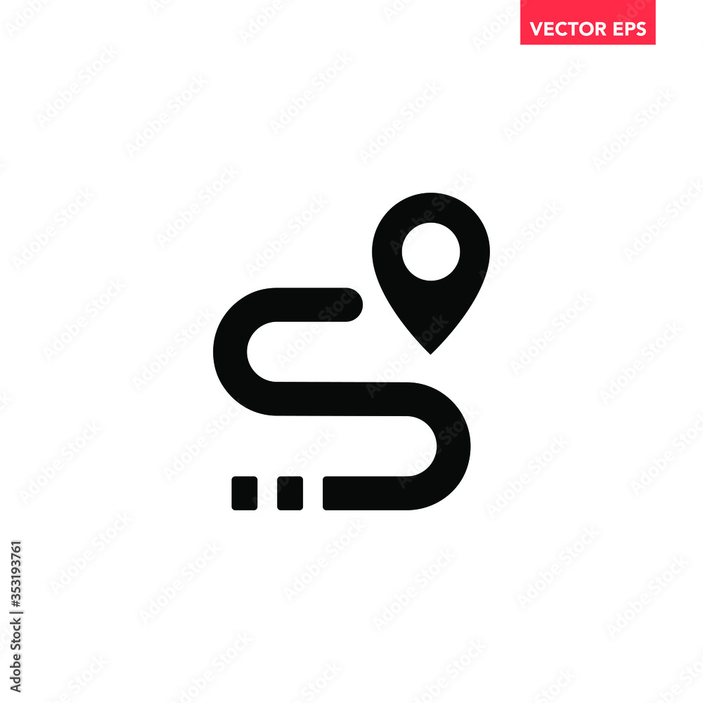 Black single route tracking icon, simple line path searching pointer ...
