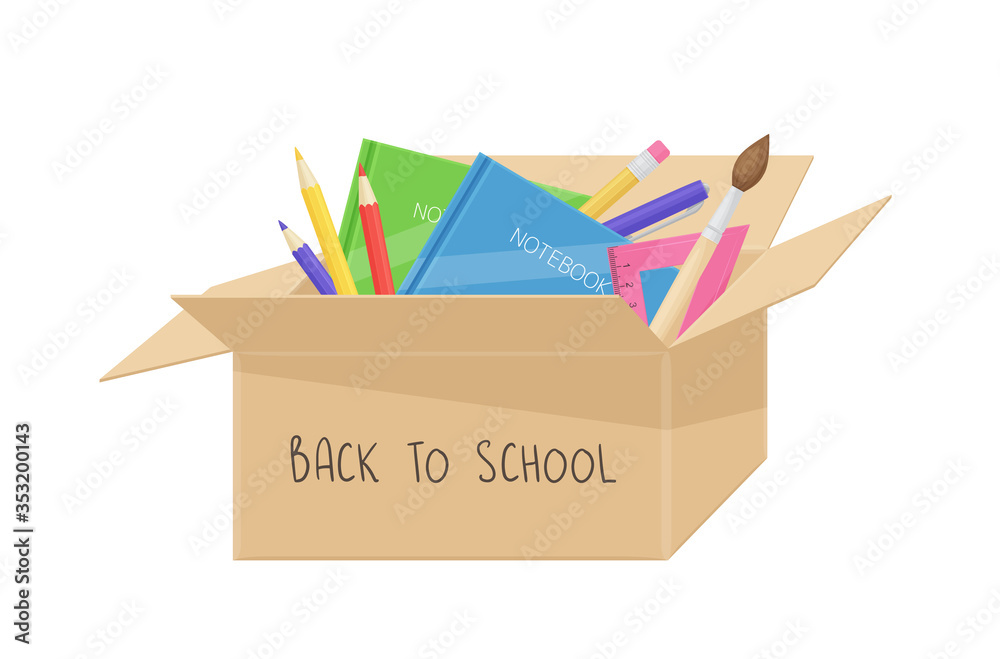School stuff in cardboard box. Back to school concept. Vector cartoon ...