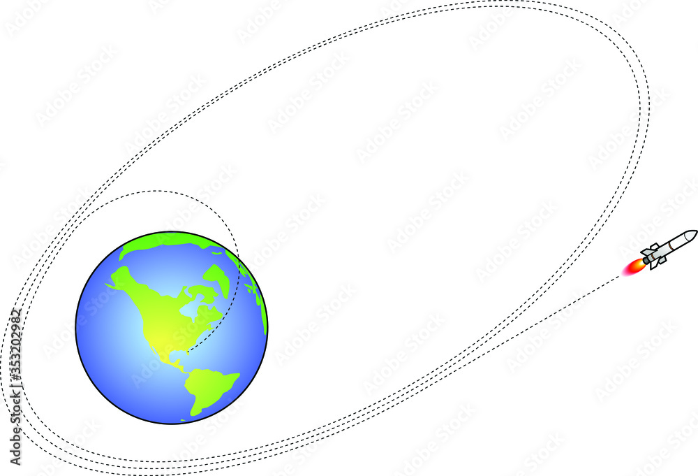 Rocket launch into an elliptical orbit around planet Earth. Stock ...