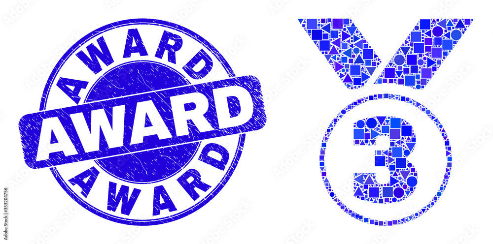 Geometric third place award mosaic icon and Award seal stamp. Blue ...