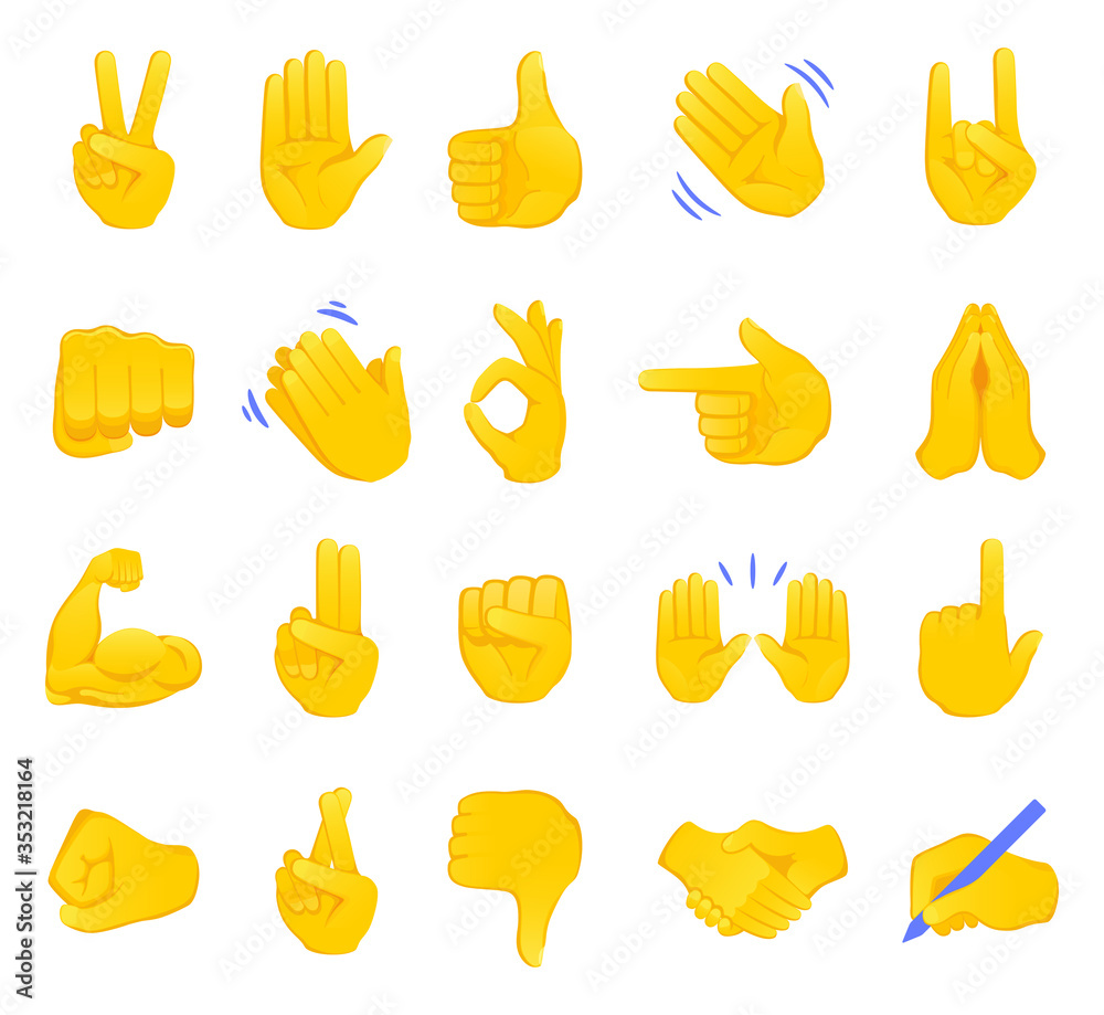 Vetor de Hand gesture emojis icons collection. Handshake, biceps, applause, thumb, peace, rock ...