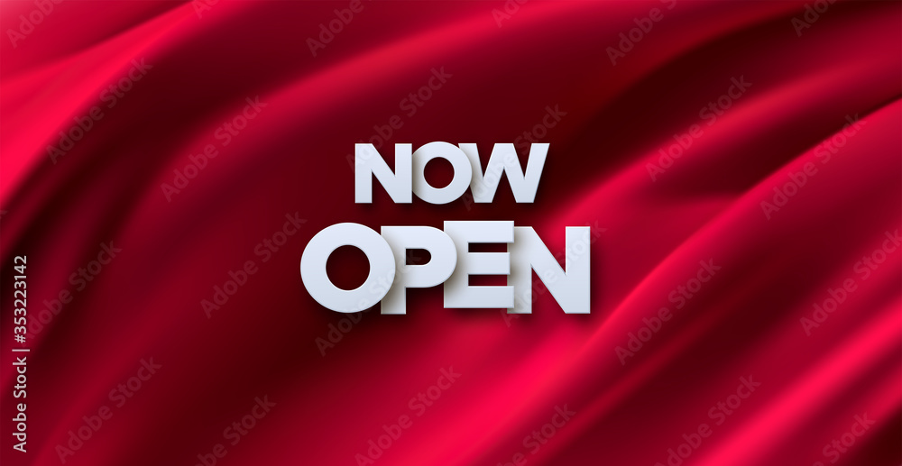 Now Open white sign on red fabric background. Vector 3d illustration ...
