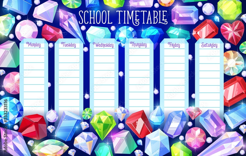 School timetable vector shedule with crystal gems, gemstones and jewel ...