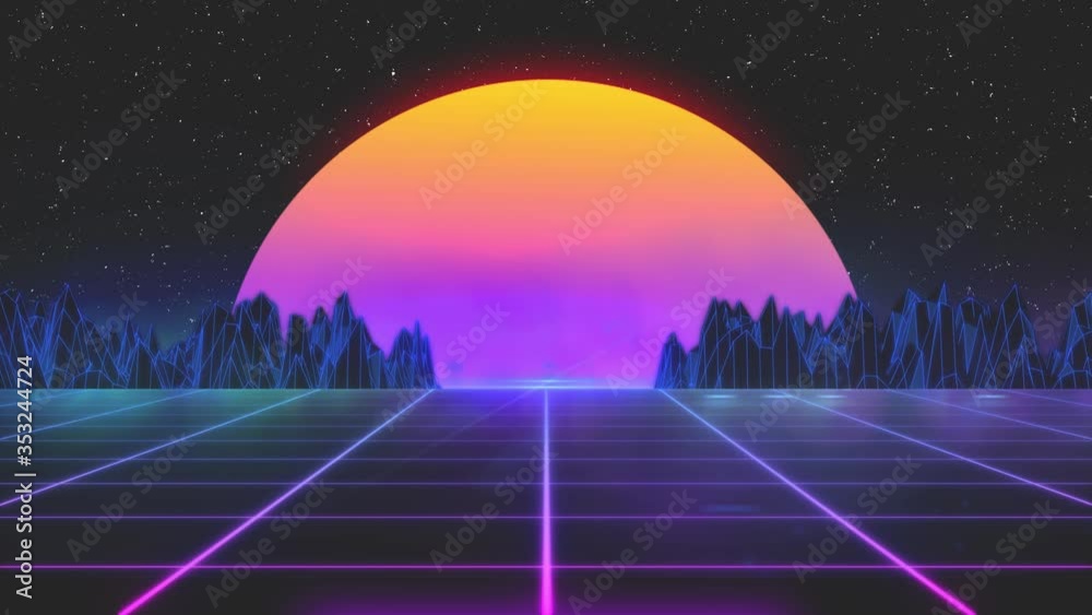 Stylized vintage 3D animation background with mountains, sun and ...