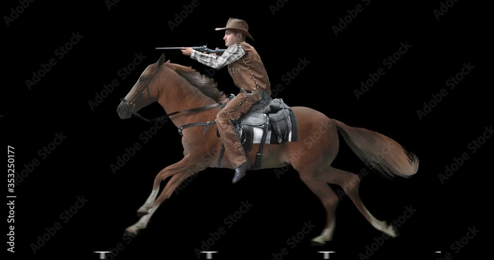 Vidéo Stock Cowboy with a gun on horseback. Rider galloping on a brown ...