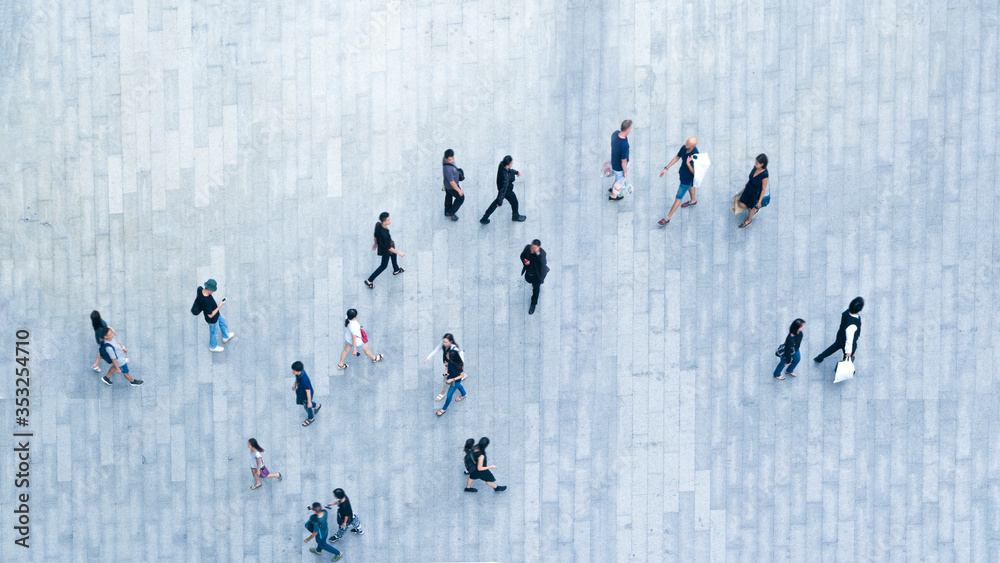Human life in Social distance. Top view of blur people are walking in ...